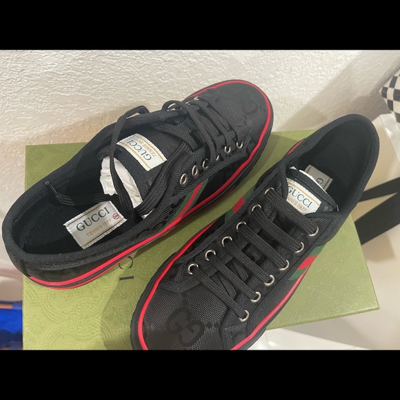 Gucci | Shoes | Authentic Black Gucci Sneakers With Red Details | Poshmark